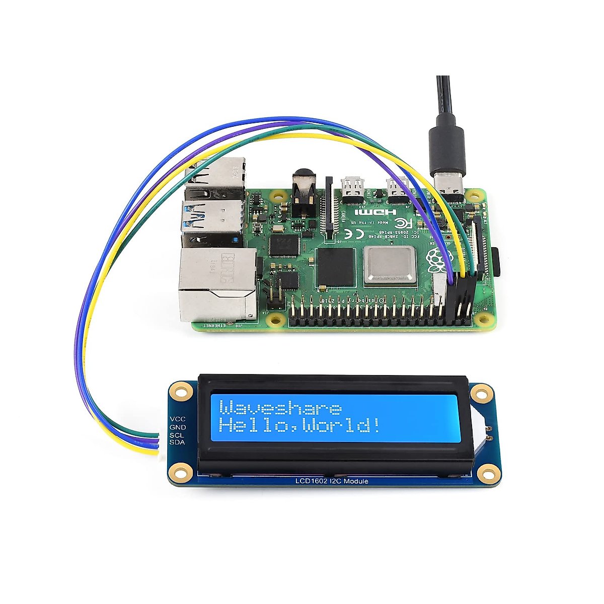 Waveshare 1602 LCD I2C Display Module, White Color with Blue Background 16x2 Characters LCD für Raspberry Pi/Raspberry Pi Pico/Jetson Nano/ESP32/Arduino, 3.3V/5V Compatible