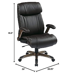 Office Star ECH Series High Back Executive Bonded Leather Office Chair with Adjustable Padded Flip Arms, Espresso with Cocoa Coated Base