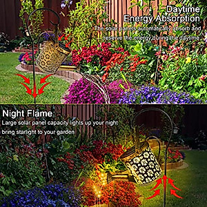 Solar Watering Can Lights Outdoor, Fairy Garden Lights, Hanging Solar Lights Metal Waterproof for Table, Patio, Yard Pathway, Outdoor Decorations with Hollow-Out Flower Design (with Hook and Stand)