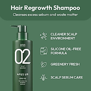 AMOS PROFESSIONAL The Green Tea Shampoo Refresh [For Oily Scalp] 17.6oz (500g) | Anti-Hair Loss Korean Hair Growth Shampoo for Cleanse Excess Sebum