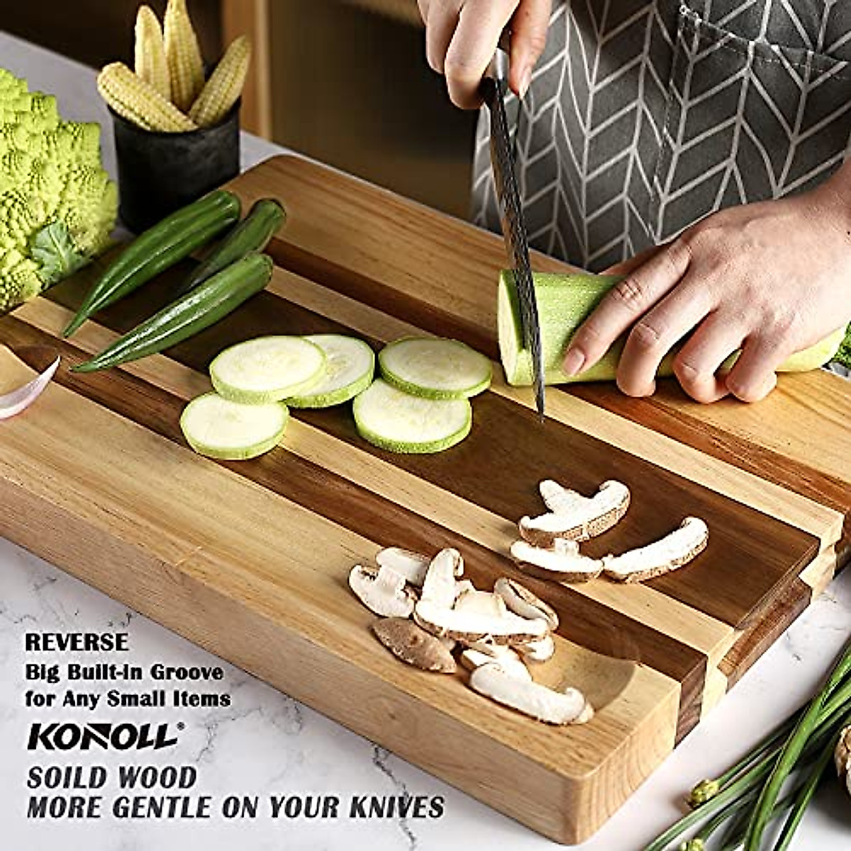 KONOLL Large Acacia Oak Wood Cutting Board for Kitchen Multipurpose Chopping Board with Juice Groove & Built-in well for Meat, Cracker, Vegetables and Cheese, 15 x 12 x 1.5 Inch
