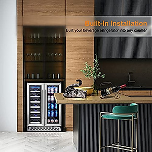 Phiestina Wine Cooler Beverage Refrigerator, 24” Beer Wine Fridge with Dual-Zone Digital Temperature Control, Glass Front Doors and Interior Lighting Holds 20 Bottles and 72 Cans on Removable Shelves