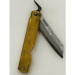 HIGO NO KAMI Higonokami Folding Knife 100mm – Blue Steel Damascus Pattern Blade with Wooden Box, Brass