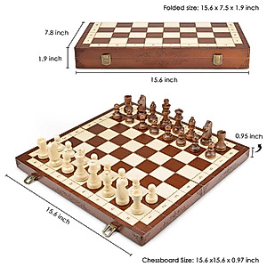 AMEROUS 15'' Wooden Chess Set with Upgraded Weighted Chess Pieces - 2 Extra Queen - Folding Board - Instructions - Gift Package - Chessmen Storage Slots, Classic Chess Board Game for Kids, Adults