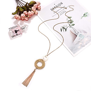 UYT Tassel Pendant Necklace Handmade Straw Wicker Braid Statement Pendant Y-Shaped Long Chain Necklace for Women