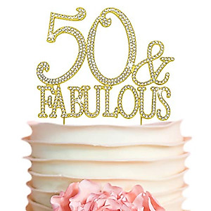 50 Cake Topper - Premium Gold Metal - 50 and Fabulous - 50th Birthday Party Sparkly Rhinestone Decoration Makes a Great Centerpiece - Now Protected in a Box