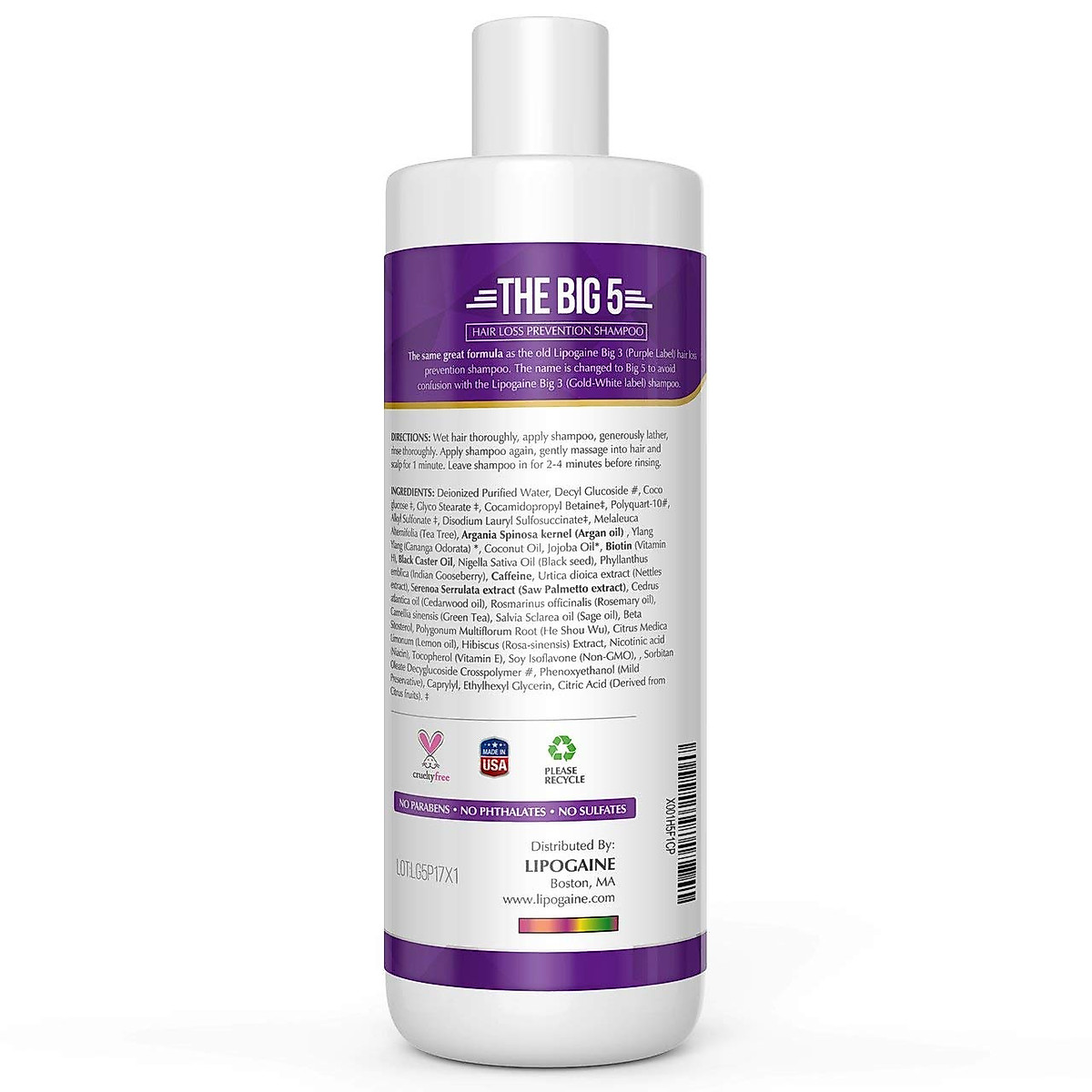 Lipogaine Big 5 Hair Stimulating All Natural Shampoo for Hair Thinning & Breakage (purple) (16oz)