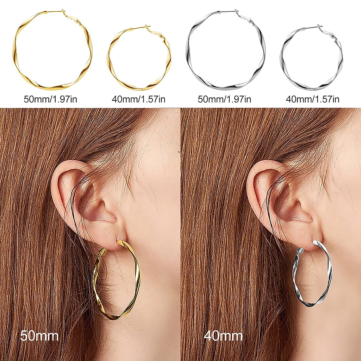 925 Sterling Silver Hoop Earrings for Women Big Twisted Thin Huggie Hoops 40mm, Dainty Cute White Gold Dangle Hoop Earrings Nickel Free Womens Earrings for Sensitive Ears Hypoallergenic