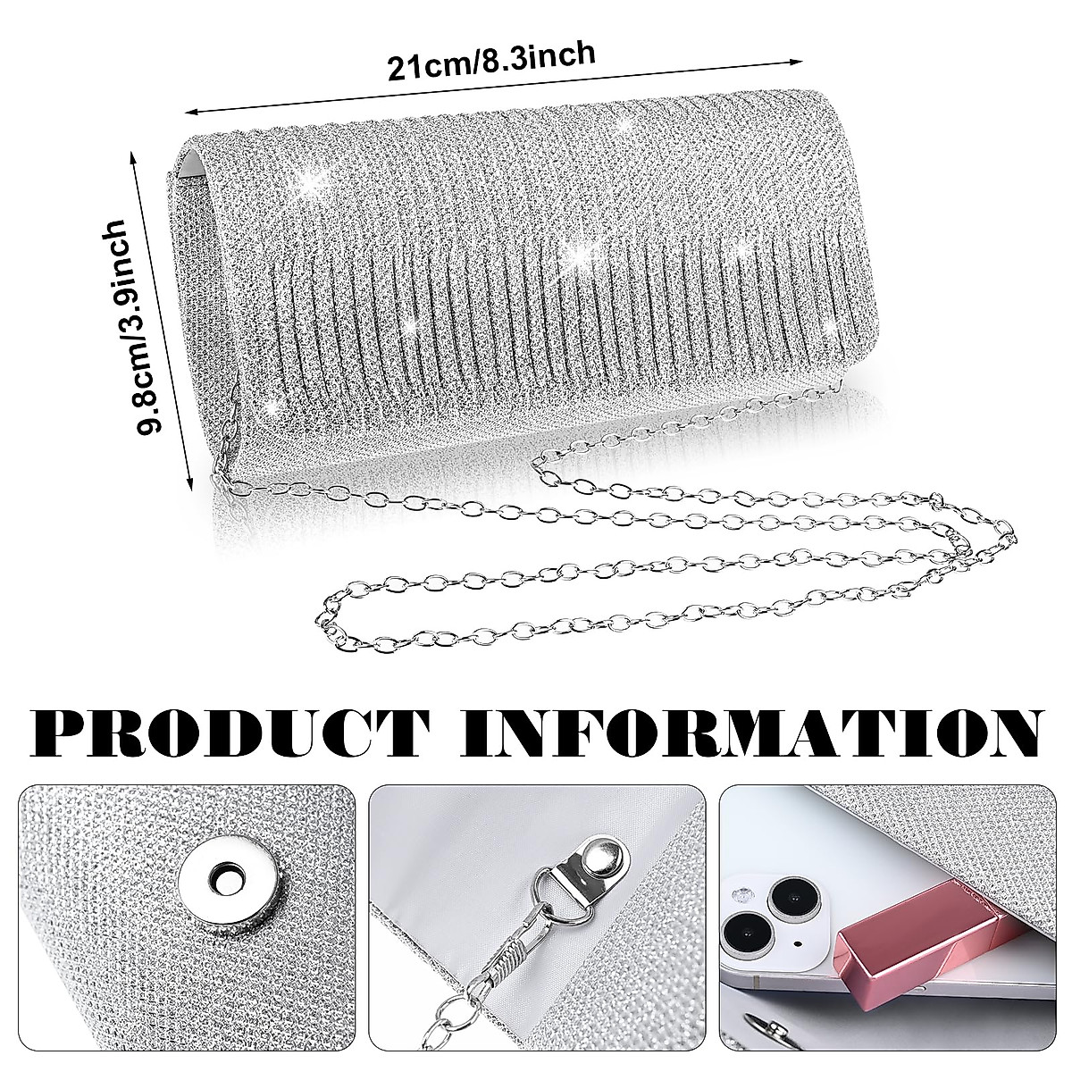 VAIPI 4 Pieces Rhinestone Jewelry Set with Purse for Women Sliver Bling Prom Crystal Jewelry Set With Glitter Rhinestone Necklace Choker Bangle Dangle Earrings and Clutch for Bridal Wedding Party