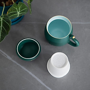 HEER Ceramic Tea Cup with Infuser and Lid, Cute Lucky Cat Coffee Mug Gift for Cat Lovers, Chinese Loose Leaf Tea Steeper. (Green)