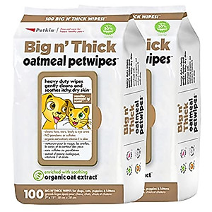 Petkin Pet Wipes for Dogs and Cats, 200 Wipes (Large) – Oatmeal Pet Wipes for Dogs and Cats – Soothes Itchy Dry Skin and Cleans Ears, Face, Butt, Body and Eye Area – 2 Packs of 100 Wipes