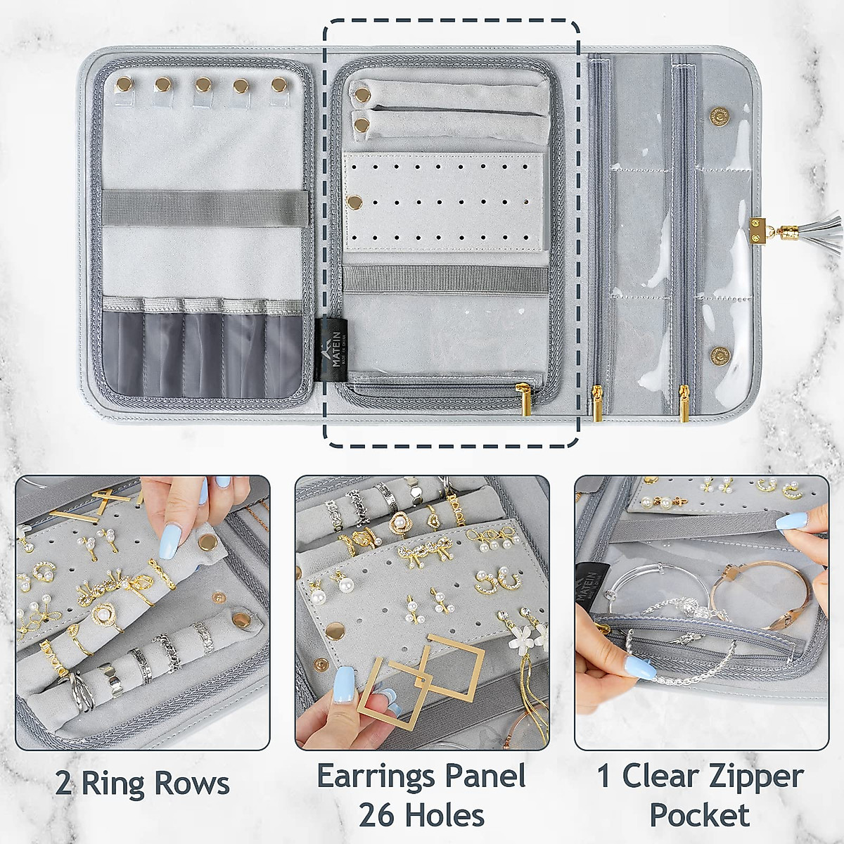 MATEIN Jewelry Travel Organizer for Women, Tangle Free Portable Leather Jewelry Storage Roll Bag Envelope Clutch, Waterproof Lightweight Jewelry Case Holder for Necklaces, Rings, Earrings, Bracelets