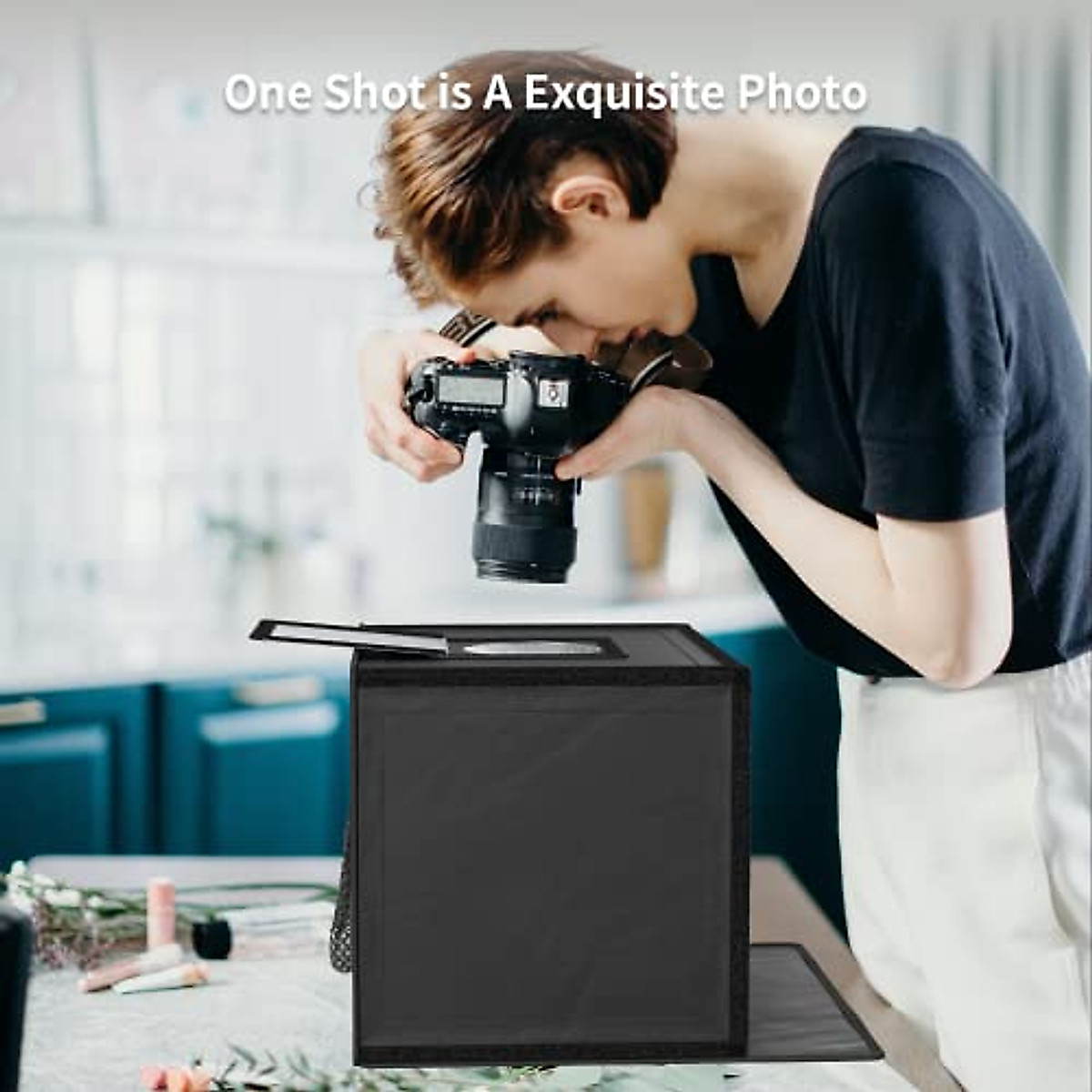 RALENO® 24W Photo Studio Light Box, 16'' x 12'' x 12'' Portable Photography Tent with 5500K Daylight Bulbs, 94 CRI, and 80 LED Beads, Includes 4 PVC Anti-Dust Backgrounds (Black, Grey, Orange, White)