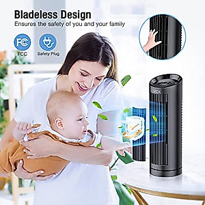 VCK Tower Fan, 80° Oscillating Fan with Remote Control, 13'' Portable Small Desk Fan, Adjustable 3 Speed, 12h Timer, 4 Mode, Personal Quiet Cooling Bladeless Table Fan For Bedroom Office Desktop