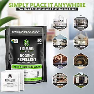 BugBarrier's Extra-Strength Mouse Repellent Pouches, USDA 99% Biobased, Peppermint & Rosemary Oils Repel Mice Nesting & Freshen Air in Car, RV, Boat, Garage, Shed, Cabin Made in The USA (Pack of 10)