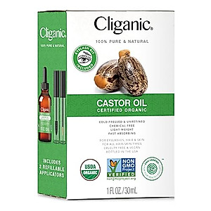 Cliganic Organic Castor Oil, 100% Pure (1oz with Eyelash Kit) - For Eyelashes, Eyebrows, Hair & Skin