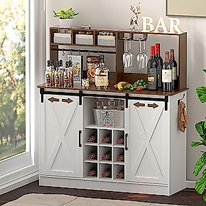 PAKASEPT Wine Bar Cabinet, Farmhouse Barn Doors Coffee Bar Cabinet with Adjustable Storage Shelves, Wooden Sideboard Buffet Storage Cabinet for Dining Room, Kitchen