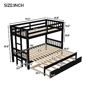 Extendable Bunk Bed with Trundle, Twin Over Double Twin Bunk Bed Frame, Upgraded Version Wooden Bunk Bed with Trundle, Pull-Out Bunk Bed Frame Can Be Extendable, No Spring Box Needed, Espresso