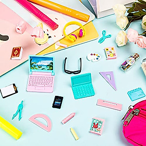 30Pcs Mini School Supplies, Doll School Supplies Includes Mini Doll Backpack Laptops Glasses Blackboard Mini Book Palette Paper Ruler Scissors Calculator for Dolls Accessories Set