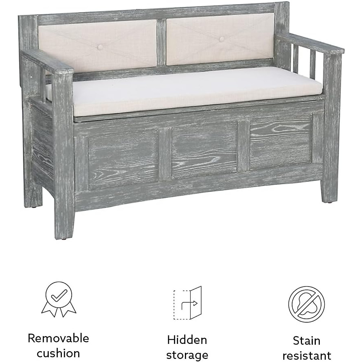 Linon Weathered Grey Carlton Storage Bench with Beige Upholstered Back and Cushioned Seat