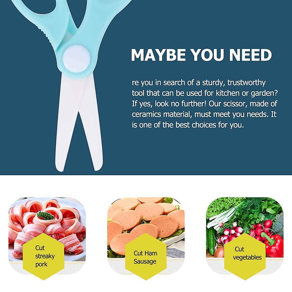 Portable Food Ceramic Shears for Kitchen Classroom Craft Pet Hair Pizza Vegetable Cutting Chopping Tool with Cover Sky Blue