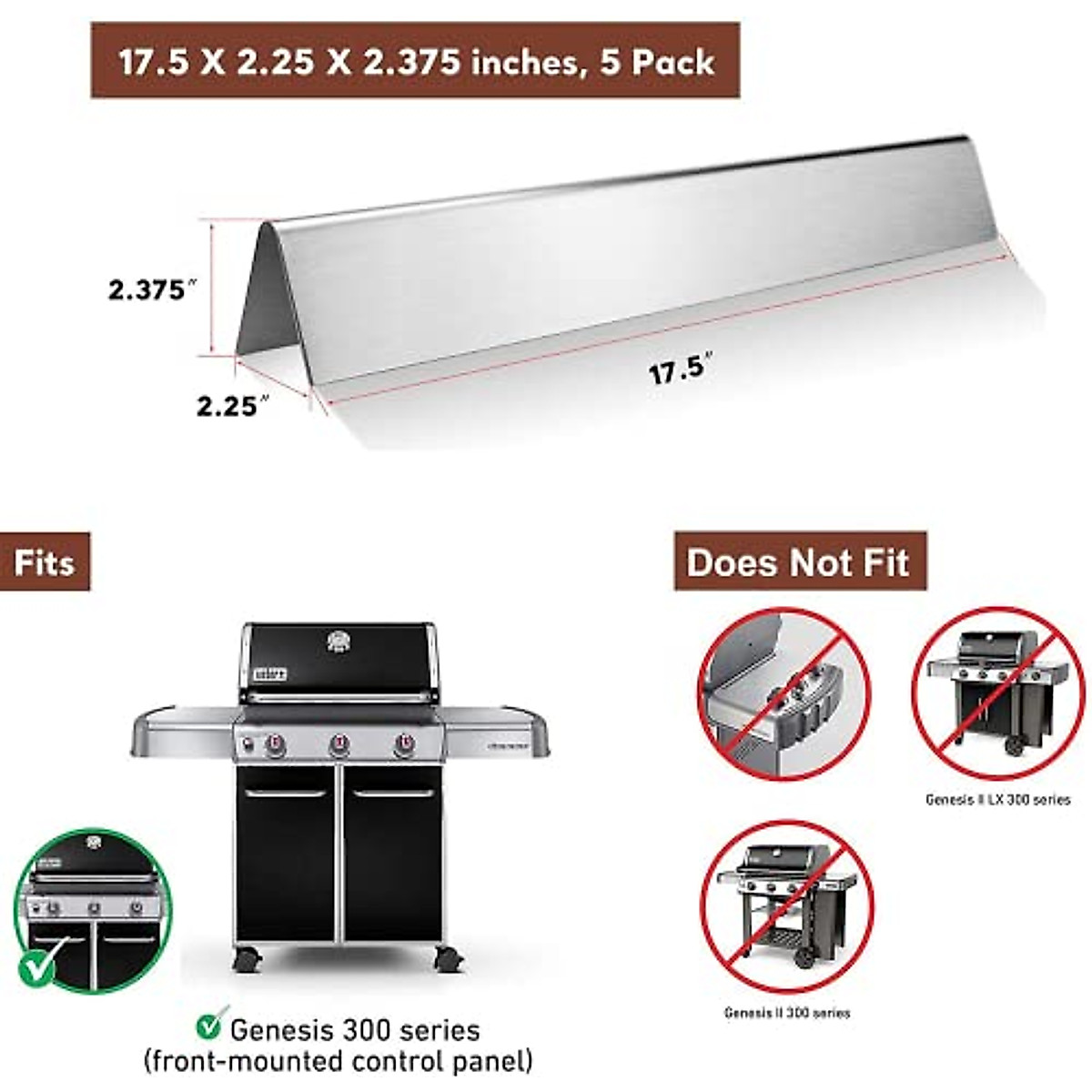 QuliMetal Stainless Steel Flavor Bars and Heat Deflector for Weber Genesis 300 Series Grills (2011-2016), 17GA, Stainless Steel, Replacements for Weber 7620 7621 65505 7622