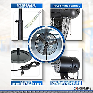 Comfort Zone CZHVP30 30” High-Velocity 3-Speed Industrial Pedestal Fan with Aluminum Blades and Adjustable Height, Black