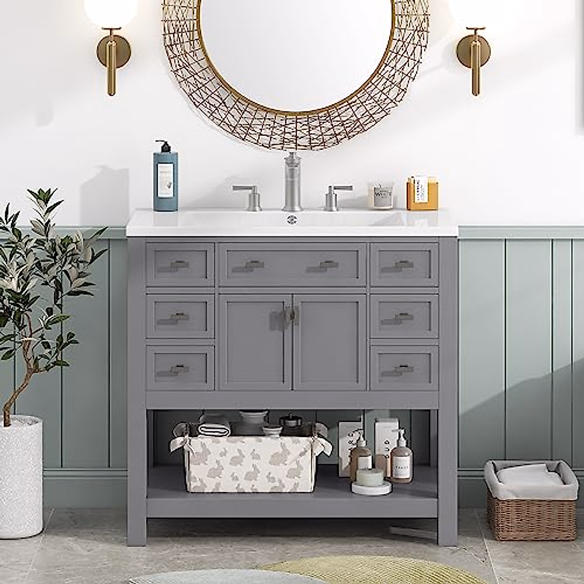 Merax 36" Bathroom Vanity with Sink Combo, Modern Wood Fixture Stand Storage Cabinet Set W/2 Soft Closing Doors and 6 Drawers, Grey