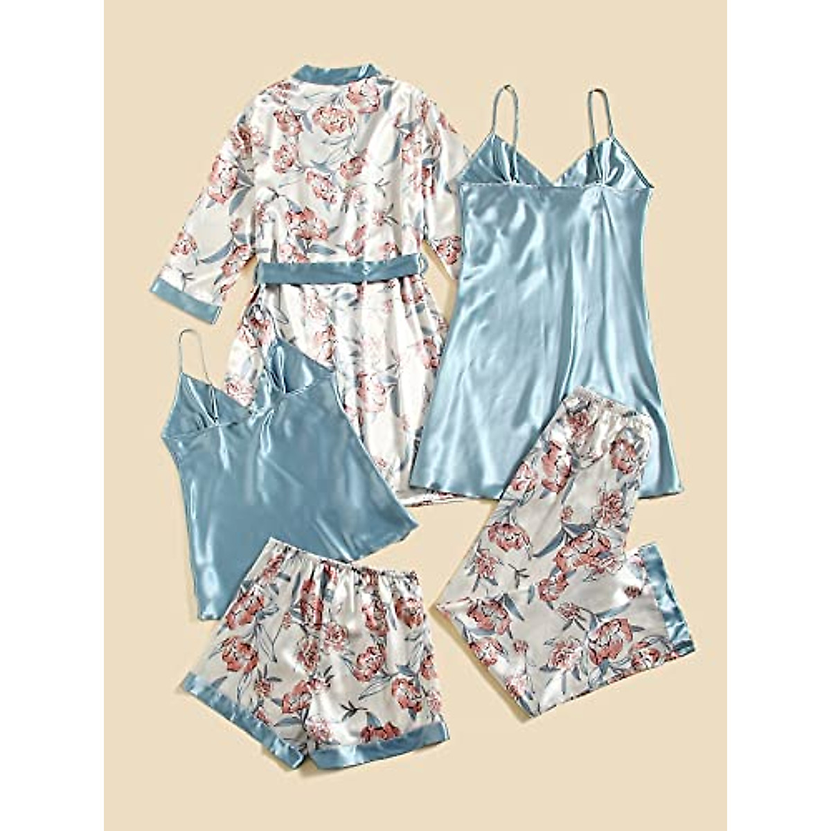 MakeMeChic Women's 5 Piece Sleepwear Floral Satin Cami Pajama Set Silk Nightgown with Robe Blue L