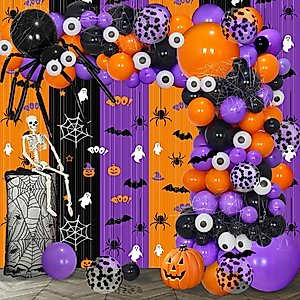 Halloween Balloon Garland Arch Kit, 6.6 X 6.6 ft Halloween Tinsel Foil Fringe Curtain, Halloween Decorations Party Supplies, Spider Balloon, Halloween 3D Bat Sticker, Halloween Party Photo Backdrop