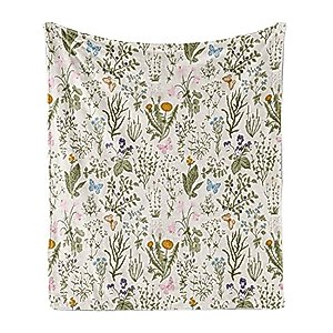 Ambesonne Floral Throw Blanket, Vintage Garden Plants Herbs Flowers Botanical Classic Design Art, Flannel Fleece Accent Piece Soft Couch Cover for Adults, 70" x 90", Reseda Green Beige