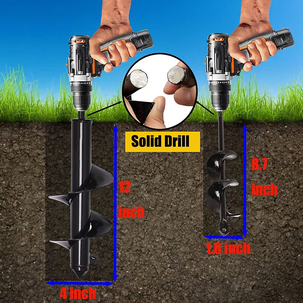 Ljliudu 1.6X8.7 &4 x 12 inch Auger Drill Bit fot Planting, Garden Plant Auger for 3/8 inch Hex Drive Drill, Black