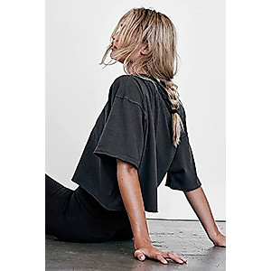 Women's Oversize Crop Tops Casual Half Sleeve Drop Shoulder T-Shirts Roll Hem Basic Workout Loose Yoga Athletic Running Tees Black S