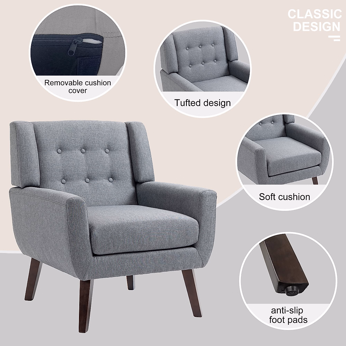 UIXE Comfy Arm Accent Chairs for Bedroom, Mid Century Modern Armchair Living Room Sofa Chair with Wooden Legs, Linen Fabric Button Tufted Upholstered Reading Chair for Home Office (Gray)