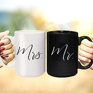 Canopy Street Mr And Mrs Matching Mugs / 2 Jumbo 15 Ounce White And Black Ceramic Mugs/Elegant Coffee Cup Gift Set/One Black Mug And One White Mug