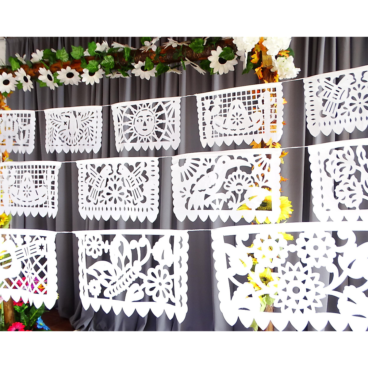 White Papel Picado Banner - Plastic Papel Picado Banner, garland, bunting, streamers - Fiesta Decorations - Mexican white Decorations for mothers day, bridal shower, weddings 5 pack/60 feet