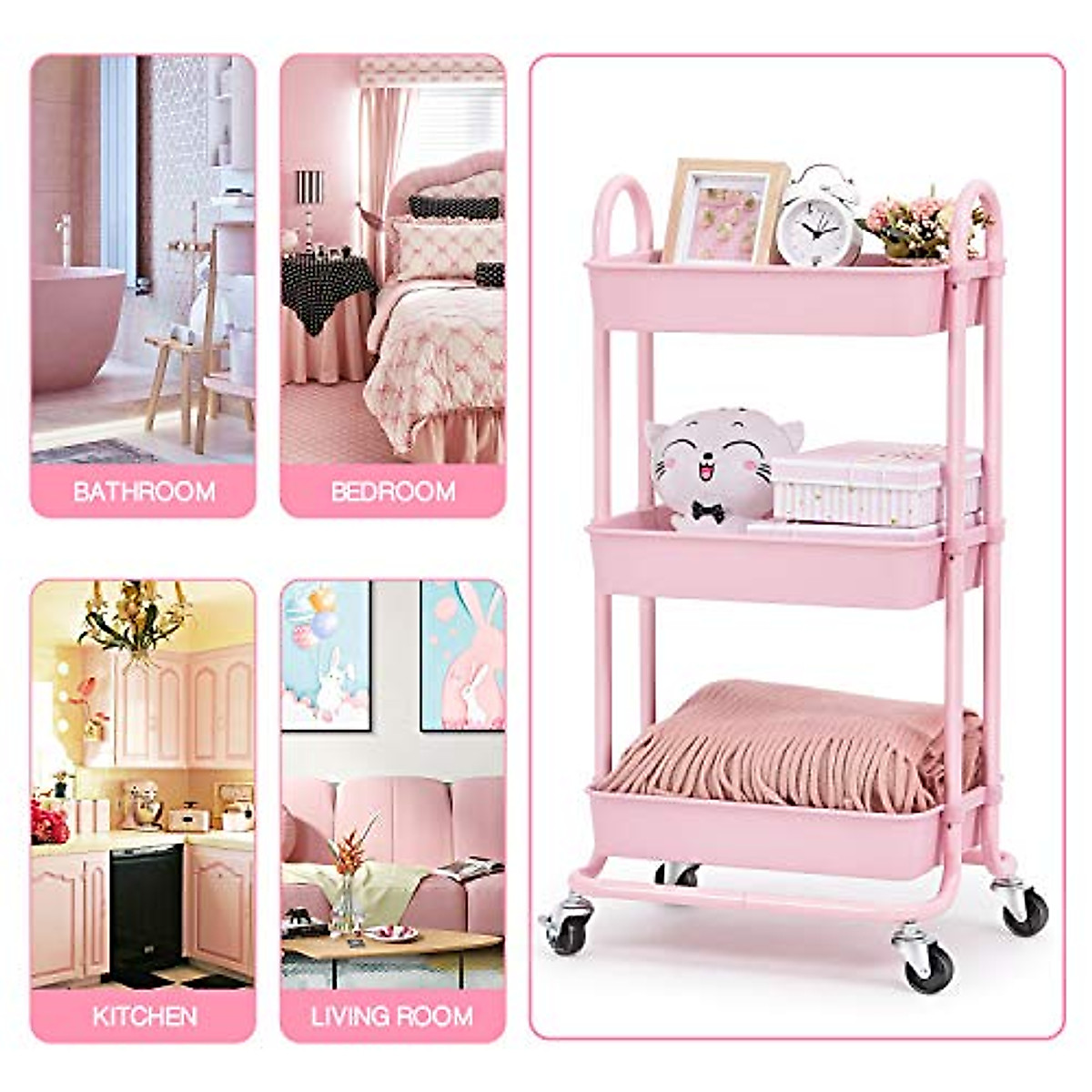 TOOLF Utility Rolling Cart with Lockable Wheels,Multi-Purpose Storage Organizer,Organizer Trolley with Handles,Serving Trolley with Mesh Basket for Home,Office,Kitchen,Bathroom (Pink)