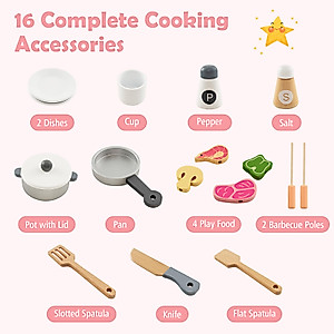 HONEY JOY Kids Kitchen Playset, 3-in-1 Wooden Play Kitchen for Toddlers & Refrigerator & Barbecue Grill Set, Range Hood, Bowl Rack, Little Chef Pretend Toy Kitchen Set, Gift for Boys Girls, Natural