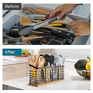 Suli Extra Large Kitchen Utensil Holder with 4 Compartments，Matte Black Metal holder with Wooden Base for Kitchen Countertop，Farmhouse Cooking Utensil Storage, Rustic Cooking Utensil