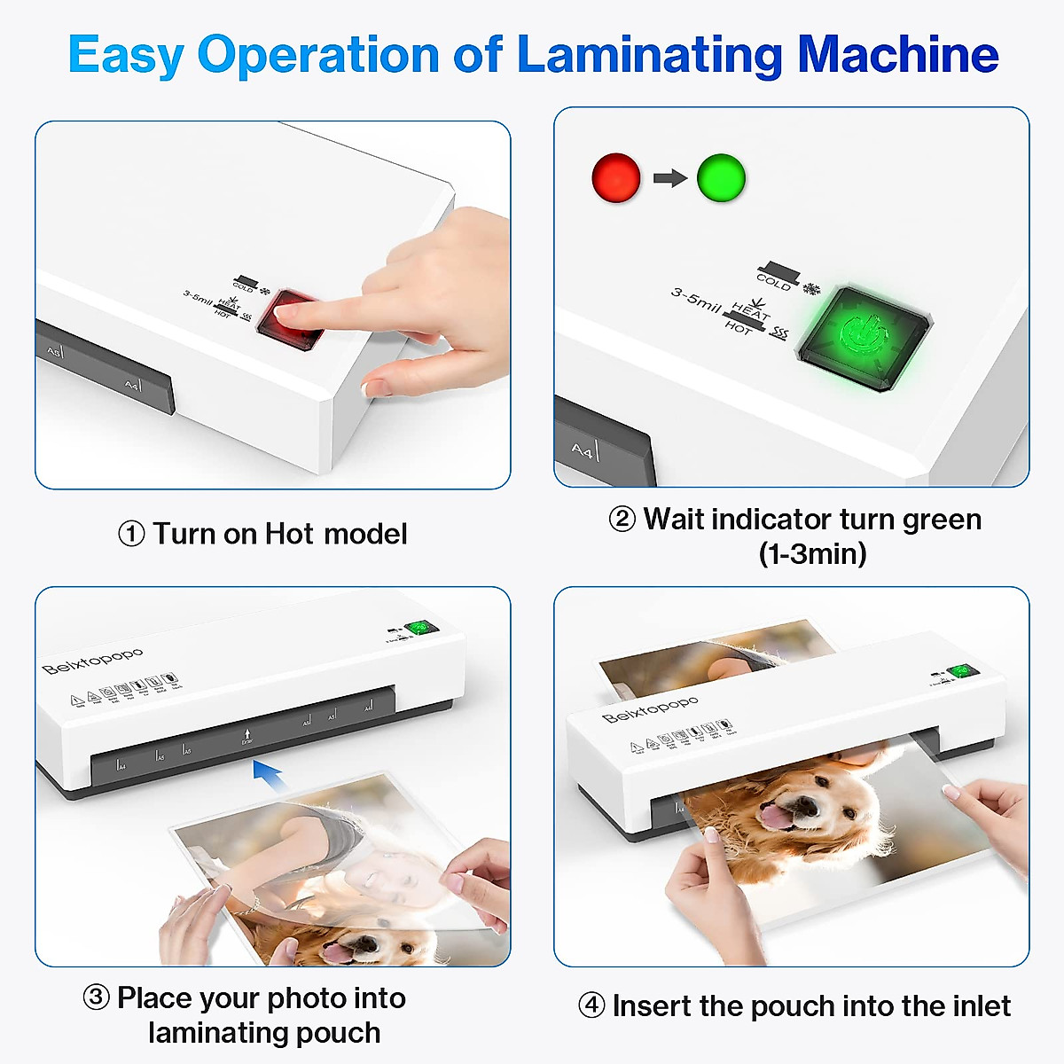 Laminator, 9" Thermal Laminator Machine for A4, A5, A6, Hot & Cold Laminating Machine with 20 Pouches, Paper Trimmer, Corner Rounder, Hole Puncher, Iron Ring, White