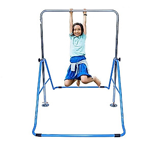 Gymnastics Training Bar for Kids Home Expandable Folding Kip Bar 4 in 1 Set with Swing Seat, 2 Trapeze Rings | Horizontal Bar Junior Gymnastic Equipment Height Adjustable Monkey Bars Jungle Gym Blue