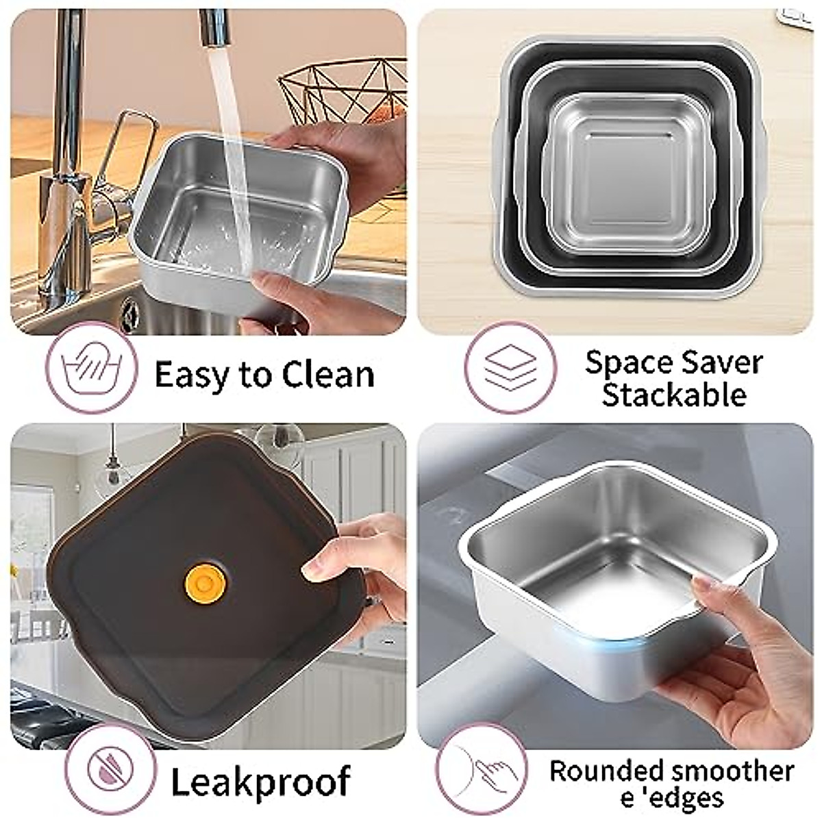 BEFOY Stainless Steel Food Storage Containers with Lids 1100ML* 3 Food Lunch Box Containers Leak-proof Light Easy Set with Air Vent Snack Boxes for People, Kitchen Storage…