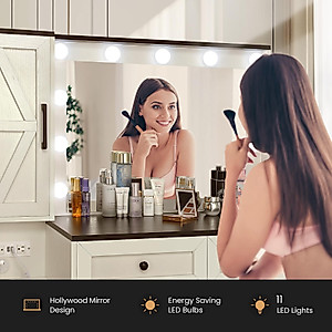 elifine Vanity with Lighted Mirror - Farmhouse Makeup Vanity Desk with 4 Drawers, 1 Cabinet and Power Outlet, 3 Color Lighting Modes Adjustable Brightness