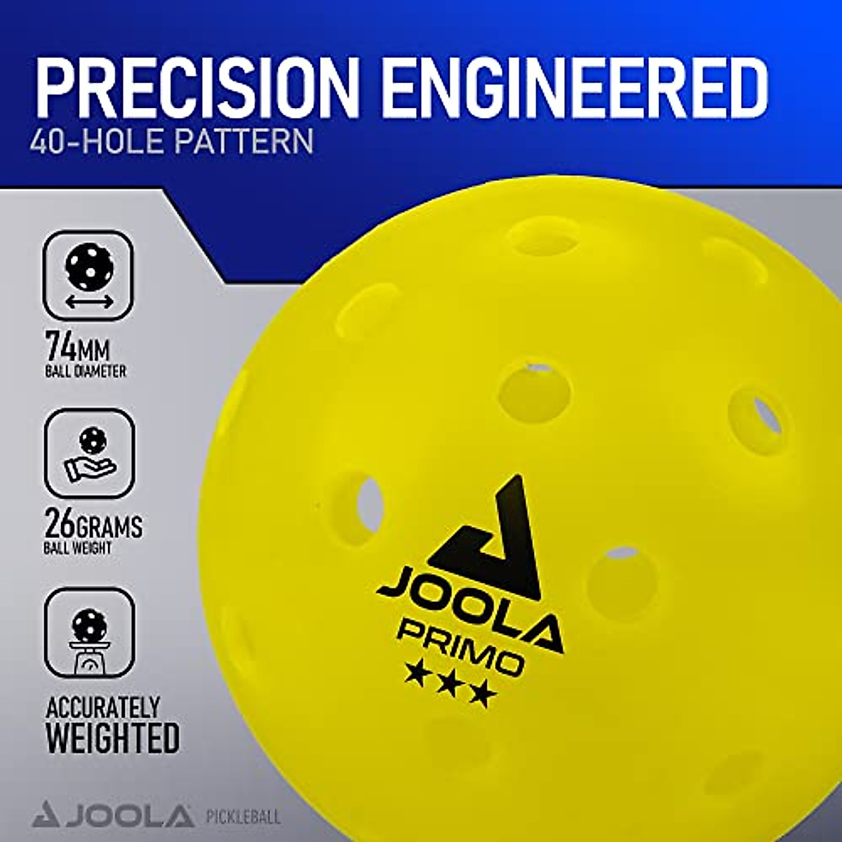 JOOLA Primo Pickleball Balls - 4 Pack of 3 Star Tournament Indoor and Outdoor Pickleball Balls - USAPA Approved - Ideally Weighted and Precision Crafted 40 Hole Design Pickleball Official Size