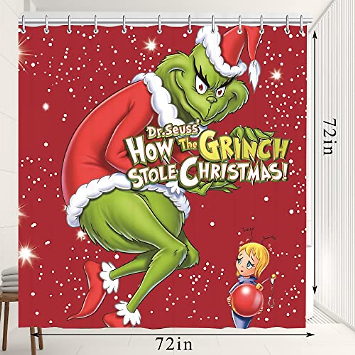 Christmas Shower Curtain Rug Bath Mat Toilet Lid Cover for Bathroom 4 Pcs Sets with 12 Hooks Weighted Lead Hem Waterproof Polyester Shower Curtains (Angel and Grin.ch-65(4 Pcs Sets), 72" L x 72" W)