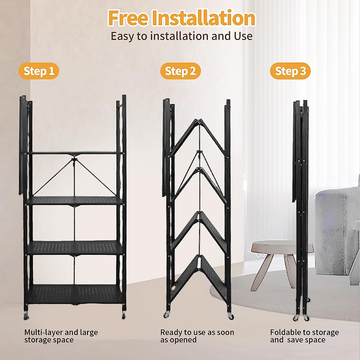 ExGizmo Storage Shelves,5-Shelf Foldable Metal Garage Shelveing with 4 Wheels,Large Capacity Shelving Unit,No Assembly Organizer Rack,Movable Storage Rack for Room,Kitchen,Grocery Room (Black)