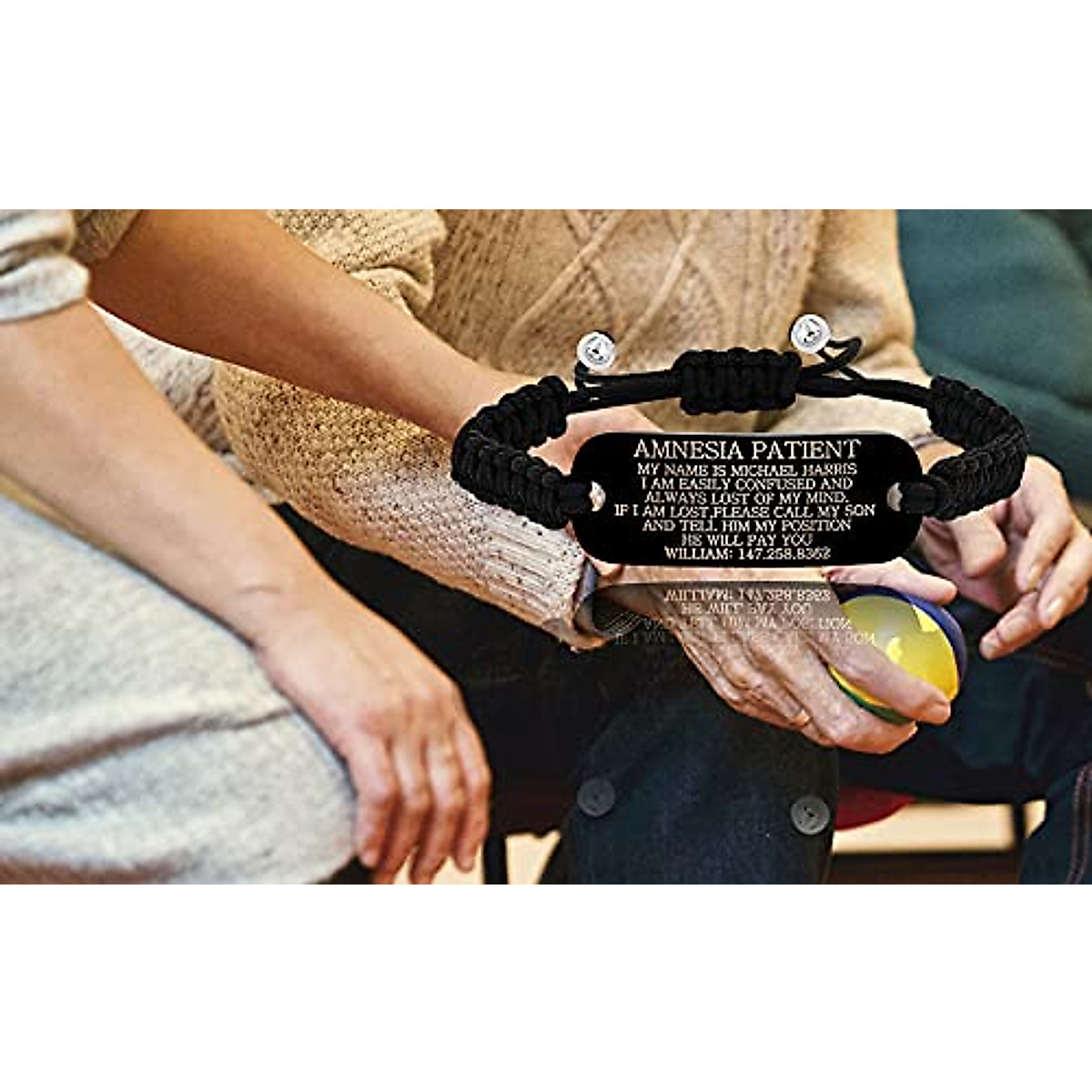 Dementia Identification Bracelet - Free Dark Laser Engraving Custom Personalized Handmade Black Matte Onyx Bracelet for Men Women (Black Braided String)…