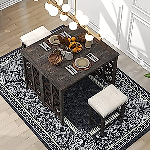 Kisyapoo Multipurpose Retro 3-Piece Dining Table Set, Solid Wood Counter Height Pub Set, Foldable Table with 2 Padded Saddle Stools for Kitchen Dining Room Home Bar, Space-Saving Design (Espresso)