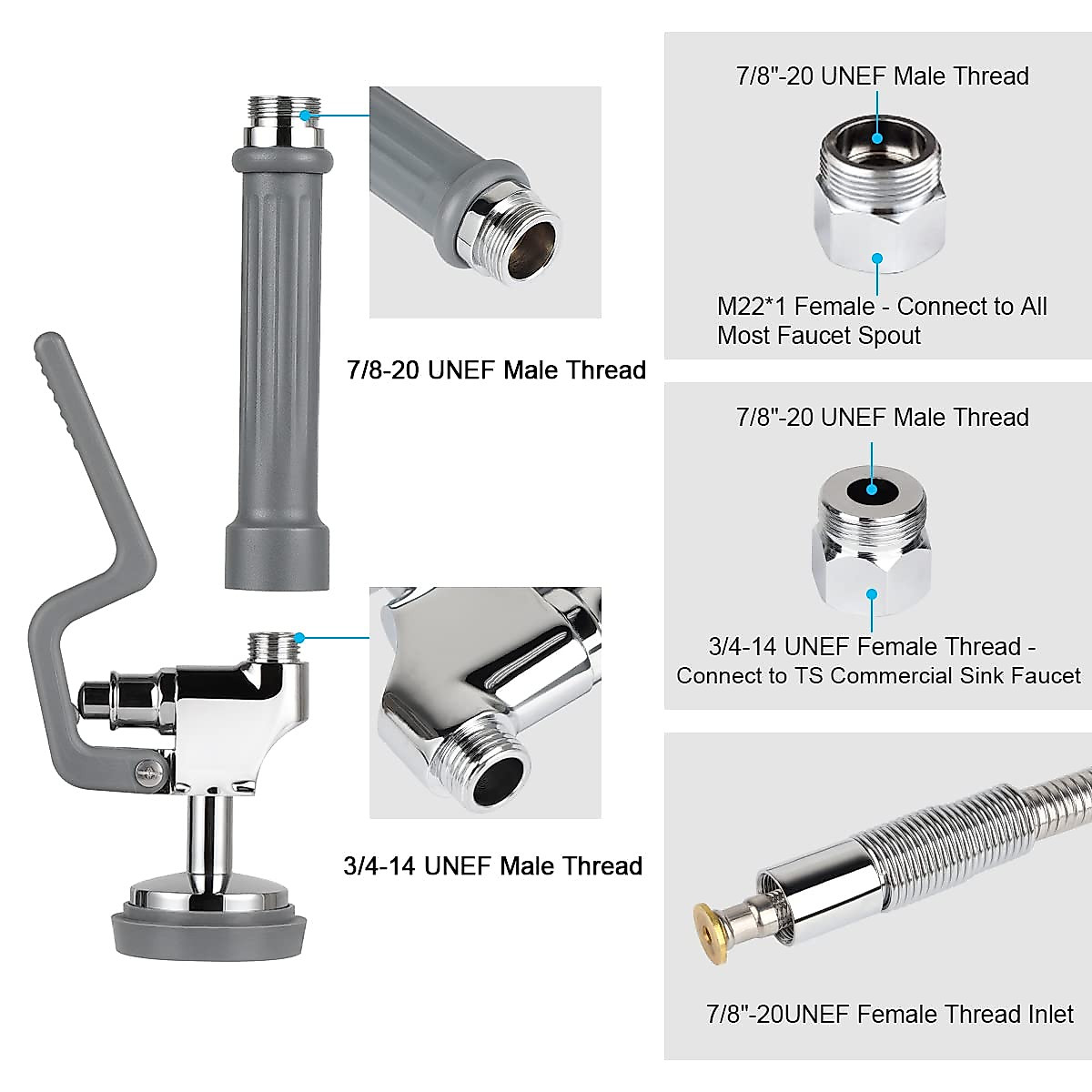 Pre Rinse Spray Valve with 38'' Stainless Hose, Flexible Commercial Sink Hose High Pressure Restaurant Dish Sprayer with Ergonomic Handle Assembly Kit for Commercial Wall Mount Kitchen Faucet