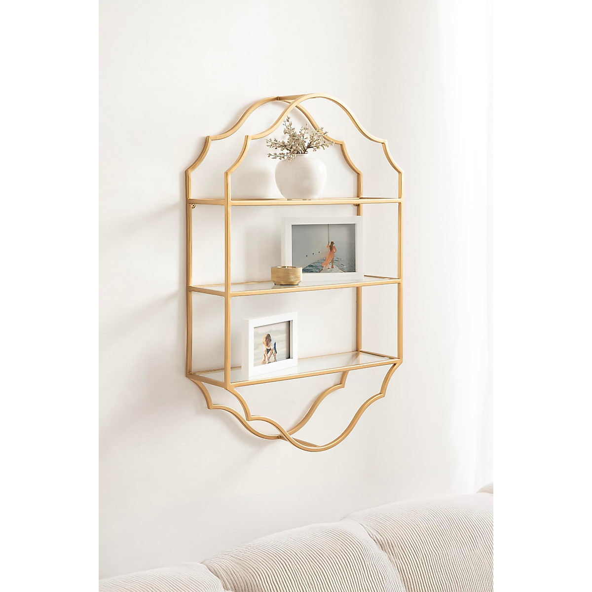 Kate and Laurel Leanna Scalloped Three-Tiered Wall Shelf, 20 x 32, Gold, Decorative Floating Shelf Storage and Wall Organizer for Bathroom Over Toilet Storage or Display